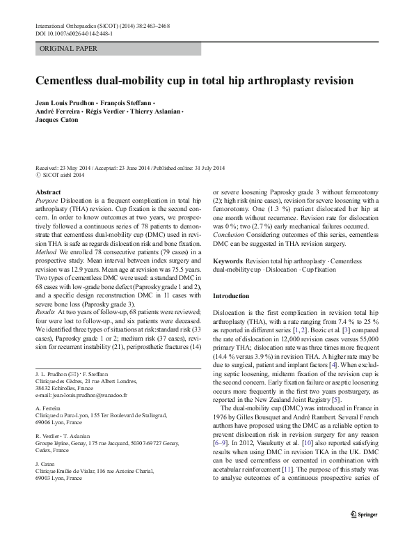 (PDF) Cementless dual-mobility cup in total hip arthroplasty revision