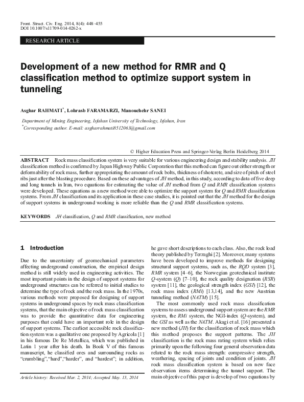 (PDF) Development of a new method for RMR and Q classification method to optimize support system ...