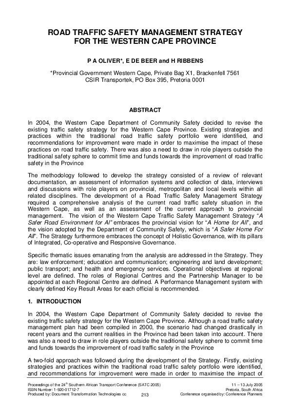 (PDF) Road Traffic Safety Management Strategy for the Western Cape Province