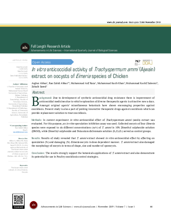 (PDF) In vitro anticoccidial activity of Trachyspermum ammi (Ajwain ...