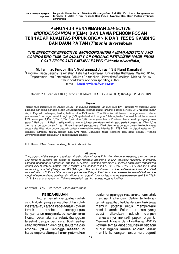 (PDF) PENGARUH PENAMBAHAN EFFECTIVE MICROORGANISM 4 (EM4) DAN LAMA ...