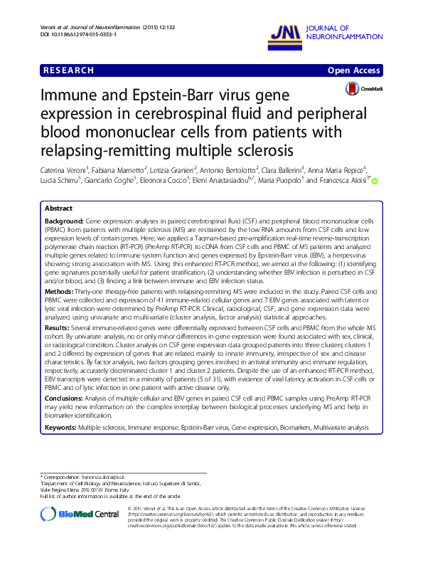 (PDF) Immune and Epstein-Barr virus gene expression in cerebrospinal fluid and peripheral blood ...
