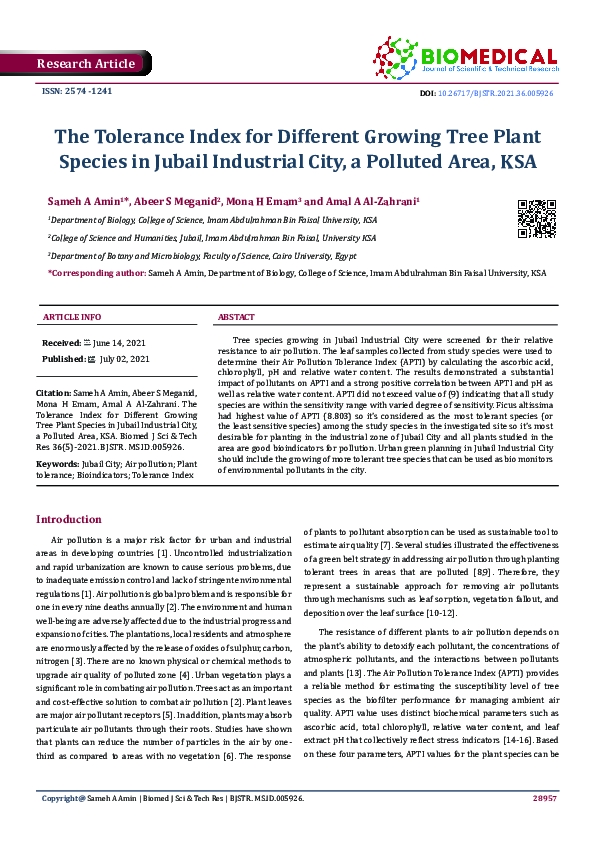 (PDF) The Tolerance Index for Different Growing Tree Plant Species in ...