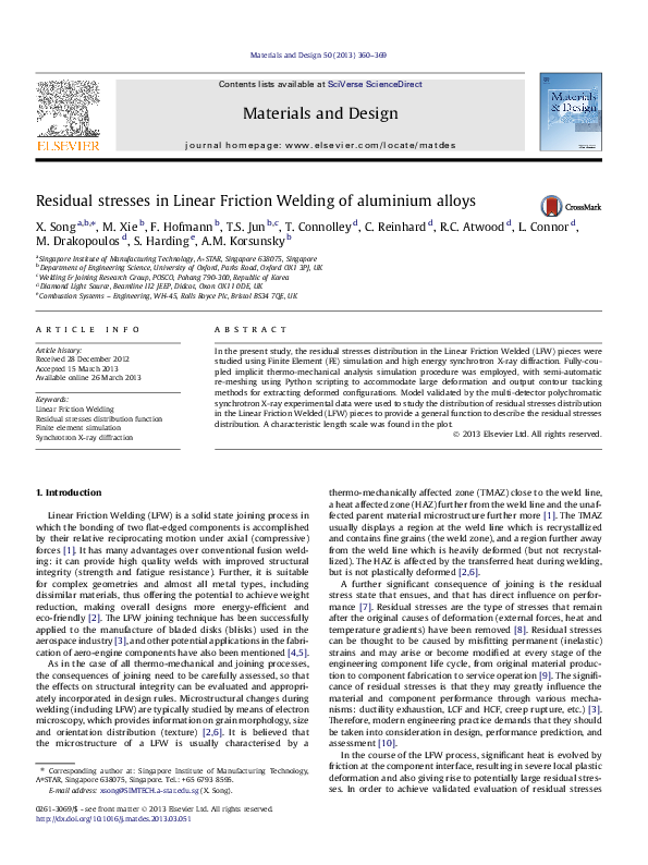 (PDF) Residual stresses in Linear Friction Welding of aluminium alloys