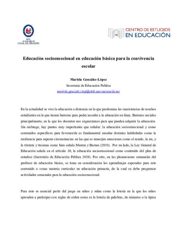 (PDF) Educación socioemocional en educación básica para la convivencia ...