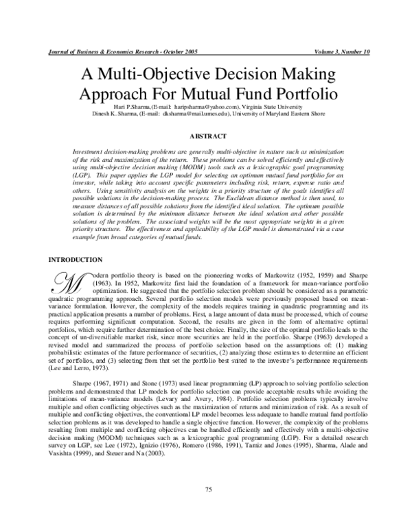 Pdf A Multi Objective Decision Making Approach For Mutual Fund Portfolio