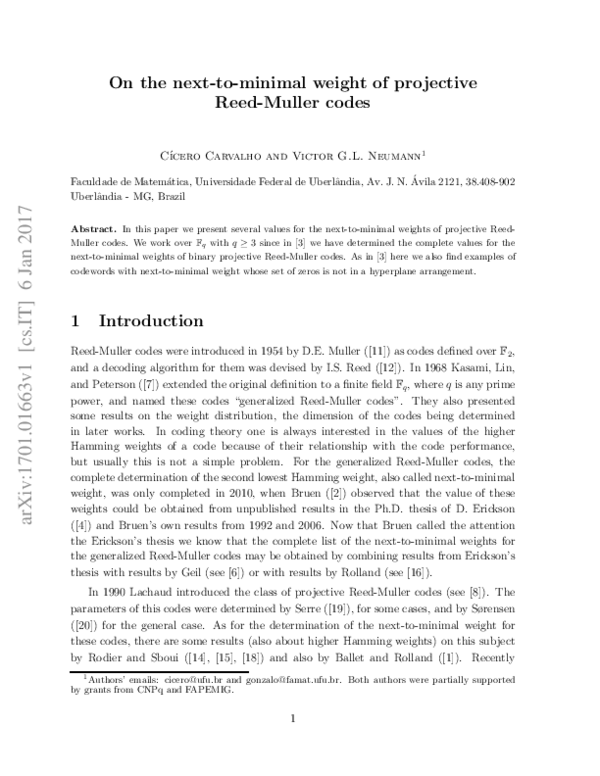 (PDF) On the next-to-minimal weight of projective Reed-Muller codes | Victor Gonzalo Lopez ...