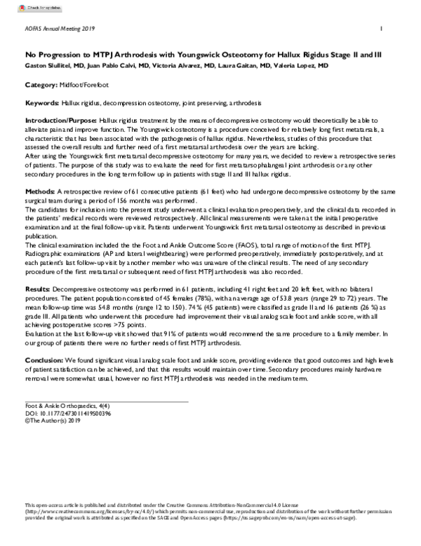 (PDF) No Progression to MTPJ Arthrodesis with Youngswick Osteotomy for ...