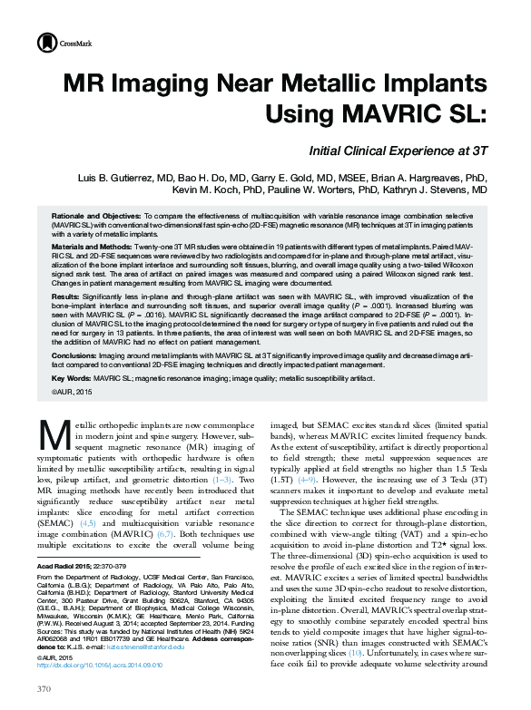 (PDF) MR Imaging Near Metallic Implants Using MAVRIC SL: Initial ...