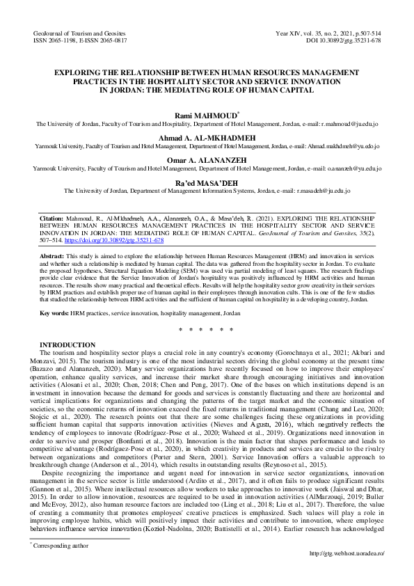 (PDF) Exploring the Relationship Between Human Resources Management Practices in the Hospitality ...