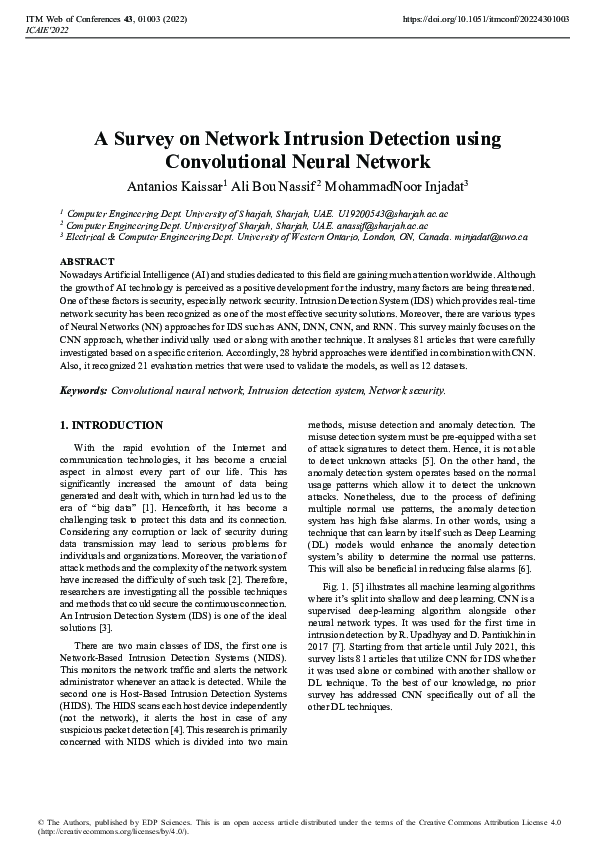 Pdf A Survey On Network Intrusion Detection Using Convolutional Neural Network 6192