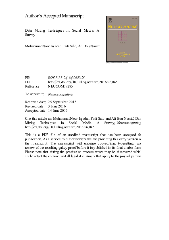 Pdf Data Mining Techniques In Social Media A Survey 6136