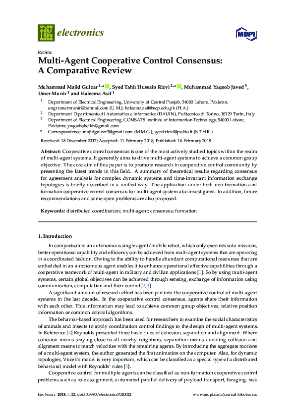 (PDF) Multi-Agent Cooperative Control Consensus: A Comparative Review