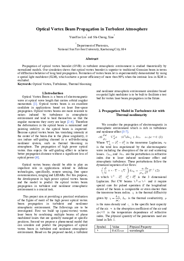 (PDF) Optical Vortex Beam Propagation in Turbulent Atmosphere