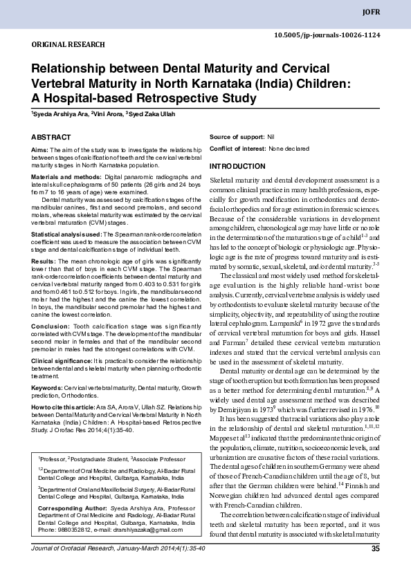 (PDF) Relationship between Dental Maturity and Cervical Vertebral Maturity in North Karnataka ...