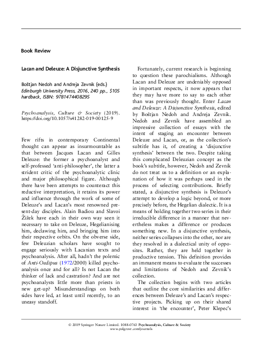 (PDF) Lacan and Deleuze: A Disjunctive Synthesis
