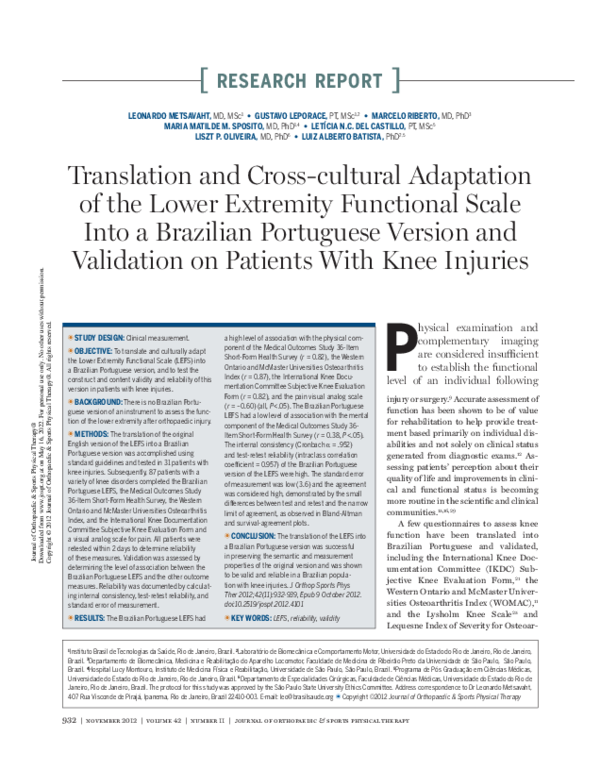 (PDF) Translation and Cross-cultural Adaptation of the Lower Extremity Functional Scale Into a ...