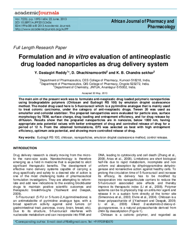 Pdf Formulation And In Vitro Evaluation Of Antineoplastic Drug Loaded Nanoparticles As Drug