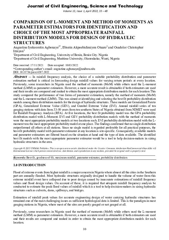 (PDF) Comparison of L-Moment and Method of Moments as Parameter ...