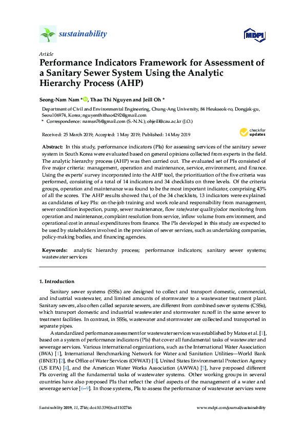 (PDF) Performance Indicators Framework for Assessment of a Sanitary Sewer System Using the ...