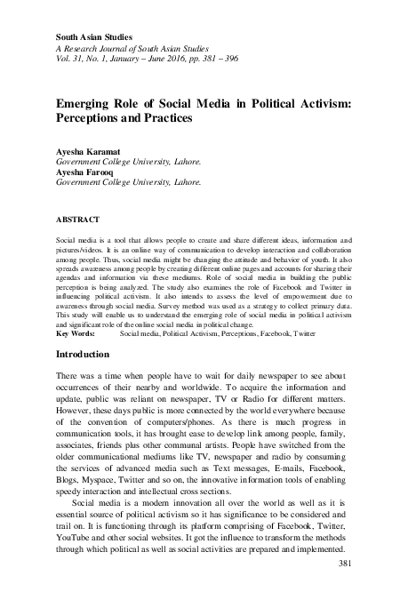(PDF) Emerging Role of Social Media in Political Activism: Perceptions ...