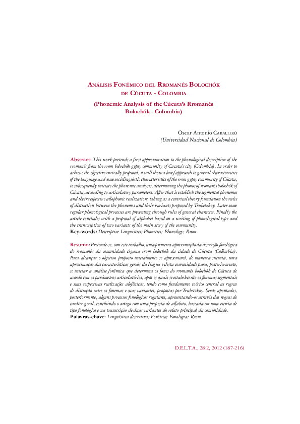(PDF) Análisis fonémico del rromanés bolochók de Cúcuta - Colombia