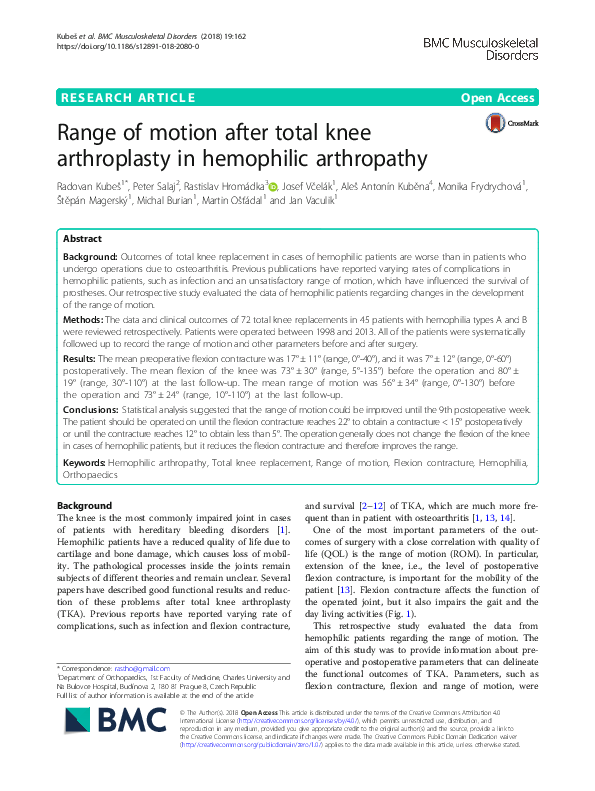 (PDF) Range of motion after total knee arthroplasty in hemophilic ...