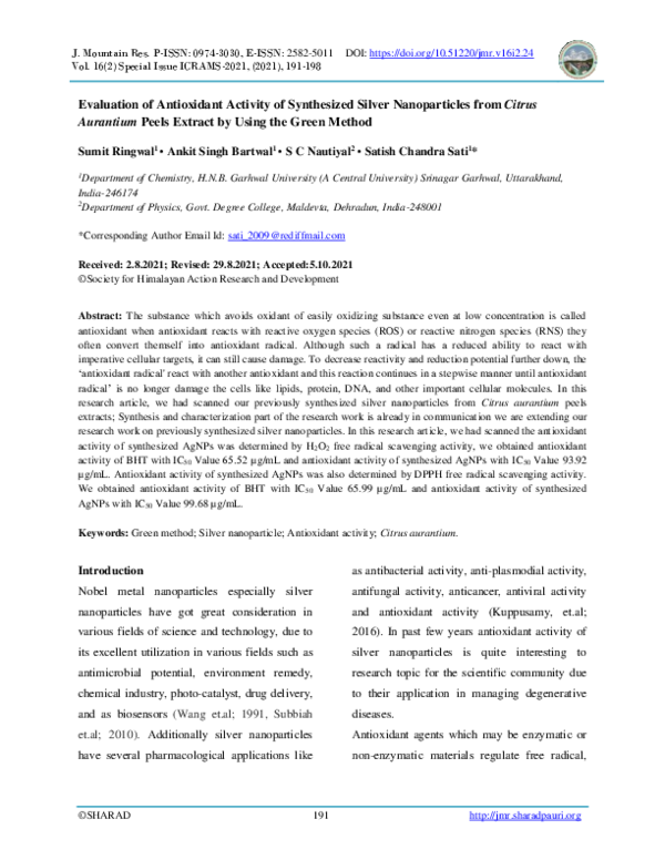 Pdf Evaluation Of Antioxidant Activity Of Synthesized Silver Nanoparticles From Citrus