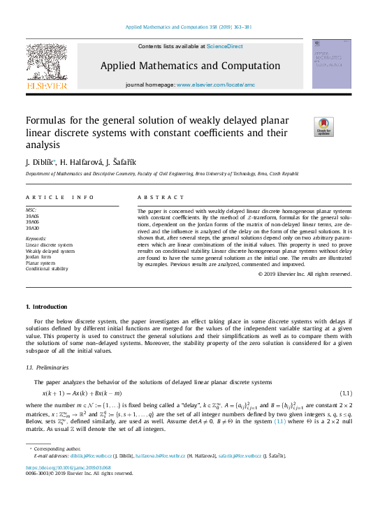 Pdf Formulas For The General Solution Of Weakly Delayed Planar Linear Discrete Systems With