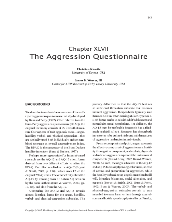 (PDF) Chapter XLVII The Aggression Questionnaire | Christian Kiewitz ...