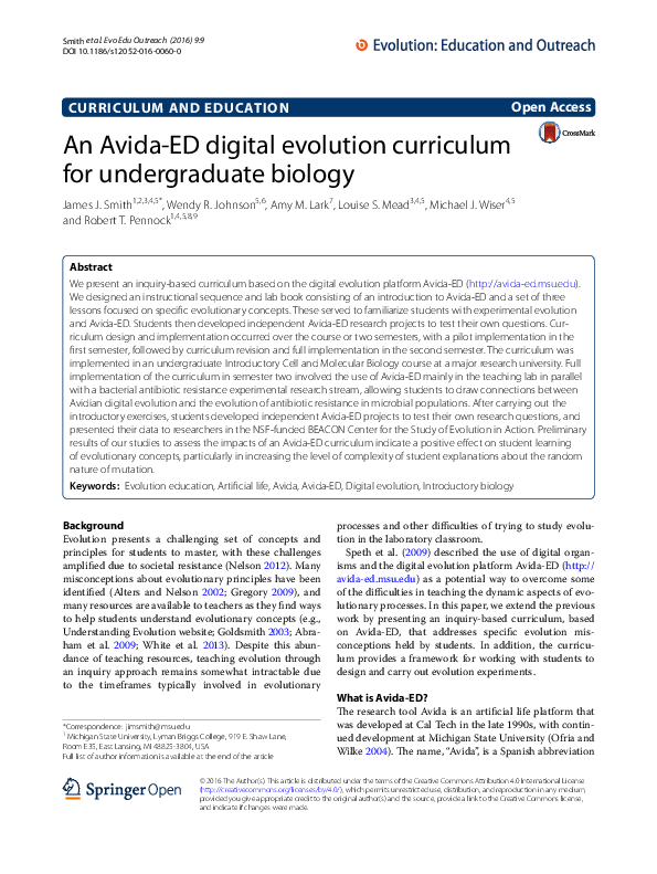 (PDF) An Avida-ED digital evolution curriculum for undergraduate biology