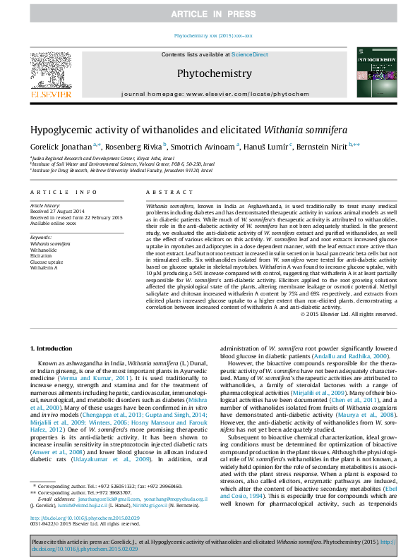 (PDF) Hypoglycemic activity of withanolides and elicitated Withania somnifera