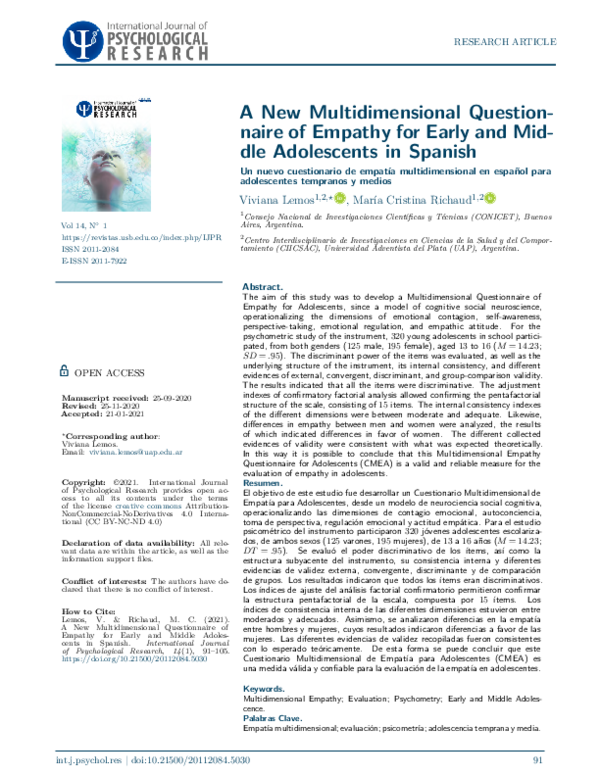 (PDF) A New Multidimensional Questionnaire of Empathy for Early and Middle Adolescents in Spanish