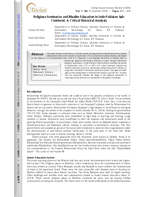 (PDF) Religious Seminaries and Muslim Education in Indo-Pakistan Sub ...
