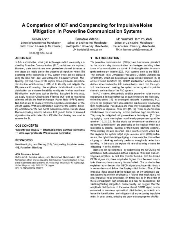 (PDF) A Comparison of ICF and Companding for Impulsive Noise Mitigation in Powerline ...