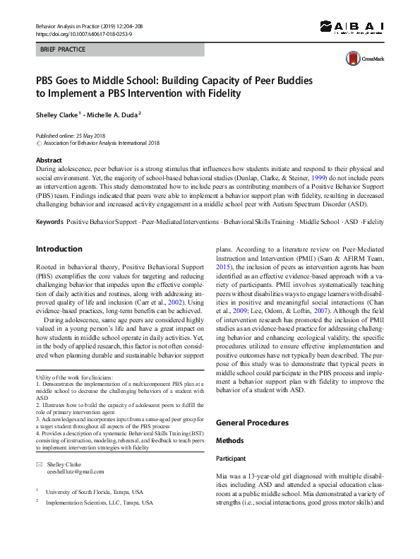(PDF) PBS Goes to Middle School: Building Capacity of Peer Buddies to ...