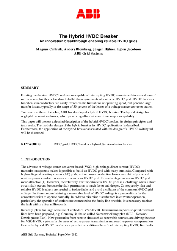 (PDF) The Hybrid HVDC Breaker An innovation breakthrough enabling ...