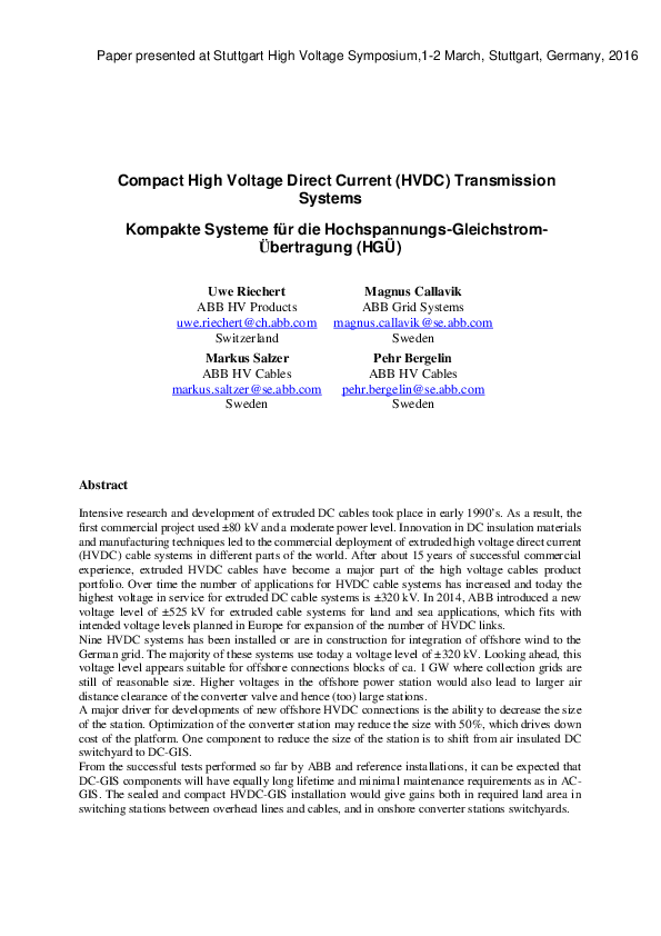 (PDF) Compact High Voltage Direct Current (HVDC) Transmission Systems Kompakte Systeme für die ...