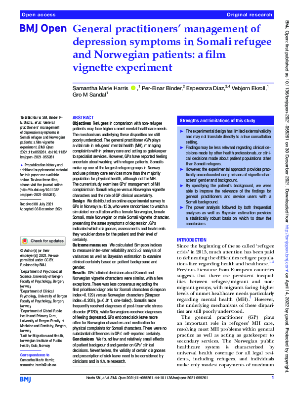 (PDF) General practitioners’ management of depression symptoms in Somali refugee and Norwegian ...