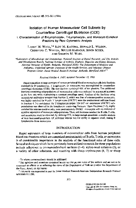 (PDF) Isolation of human mononuclear cell subsets by counterflow centrifugal elutriation (CCE)