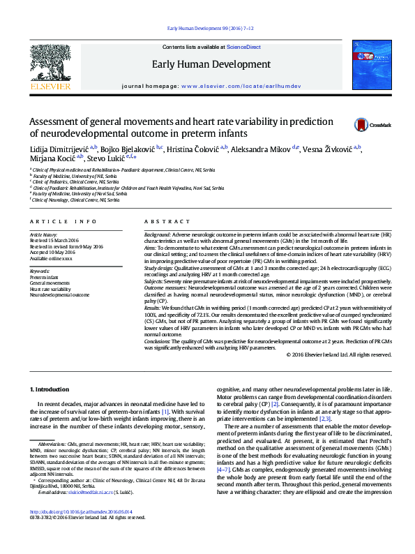 (PDF) Assessment of general movements and heart rate variability in ...