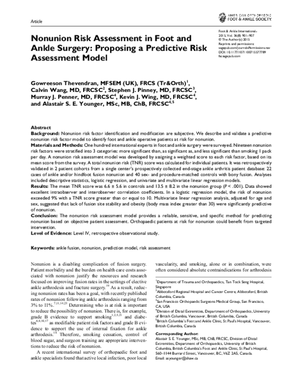(PDF) Nonunion Risk Assessment in Foot and Ankle Surgery: Proposing a ...