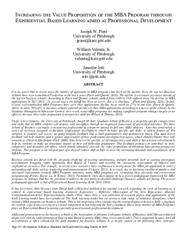 (PDF) Increasing the Value Proposition of the MBA Program through ...