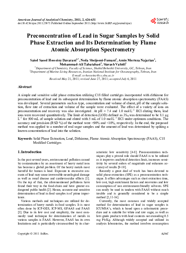Pdf Preconcentration Of Lead In Sugar Samples By Solid Phase Extraction And Its Determination