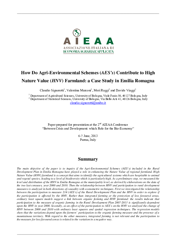 (PDF) How Do Agri-Environmental Schemes (AES's) Contribute to High Nature Value (HNV) Farmland ...