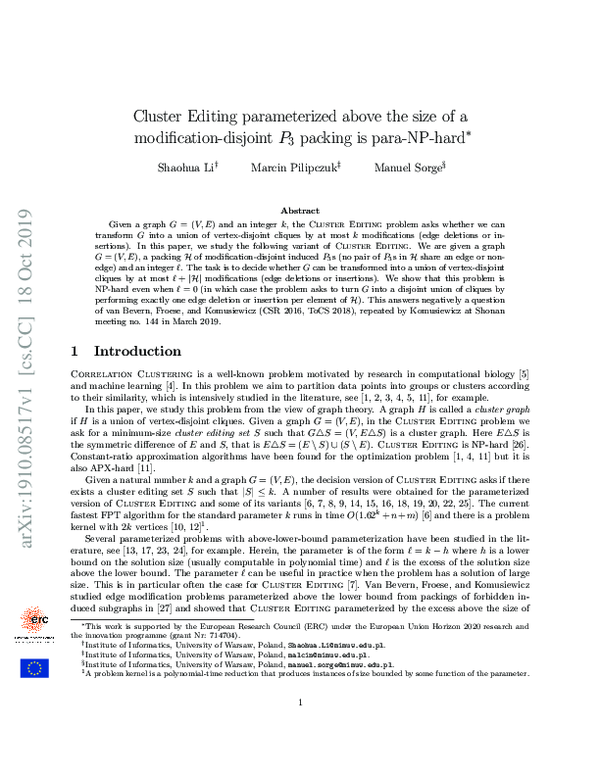 (PDF) Cluster Editing parameterized above the size of a modification-disjoint P3 packing is para ...
