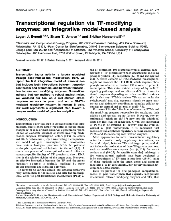 (PDF) Transcriptional regulation via TF-modifying enzymes: an integrative model-based analysis