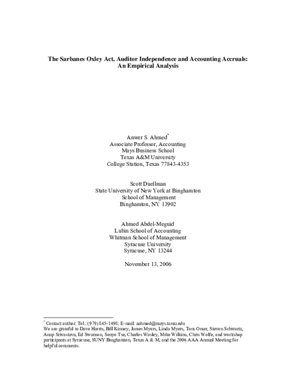 (PDF) The Sarbanes Oxley Act, Auditor Independence and Accounting ...