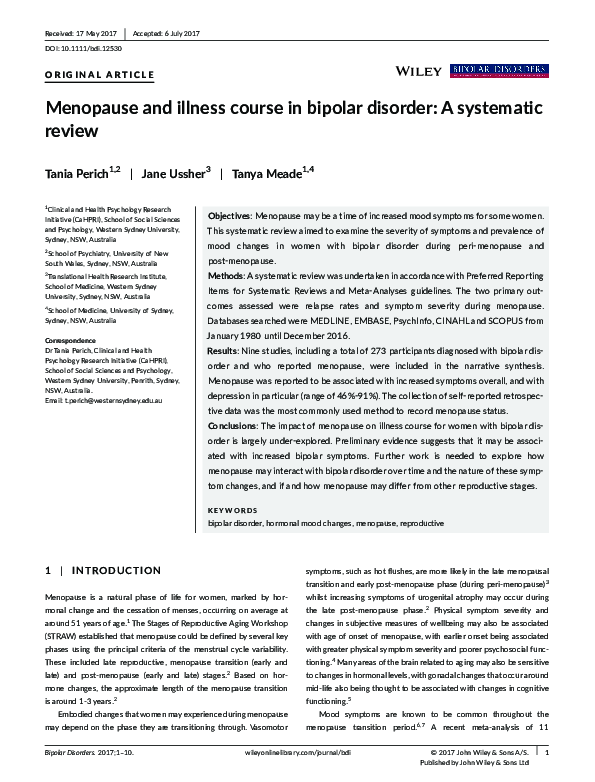 (PDF) Menopause and illness course in bipolar disorder: A systematic review