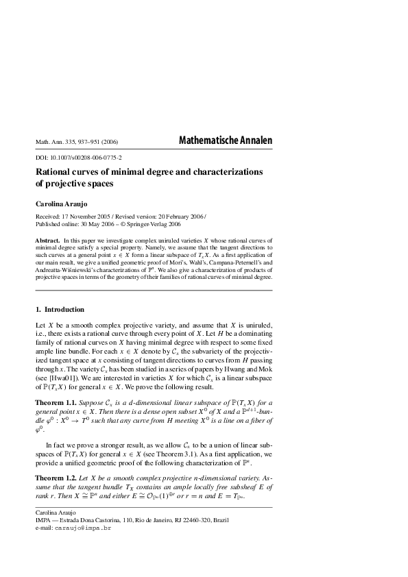 Pdf Rational Curves Of Minimal Degree And Characterizations Of Projective Spaces